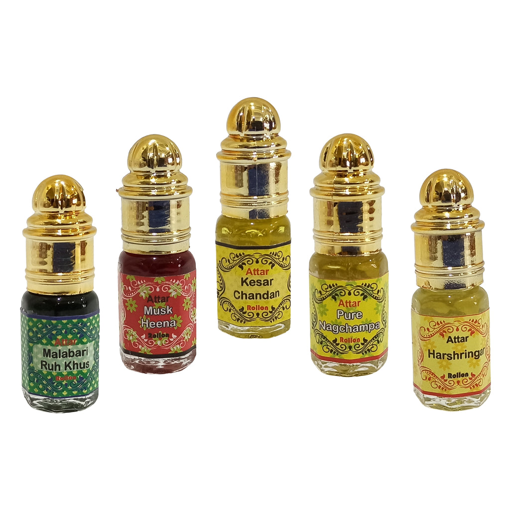 Ruh Khus, Musk Heena, Kesar Chandan, Har Shringar, Nag Champa 3ml Roll – Indra Sugandh Bhandar